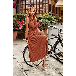 PRETTYGARDEN Women's Midi Summer Dresses Casual V Neck Swiss Dot Ruffle Sleeveless A Line Beach Sun Dress (Brick Red,Small)