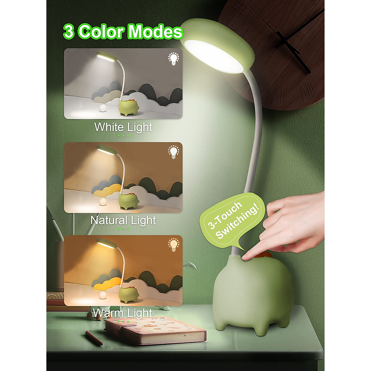 Unique Dinosaur Desk Lamp LED Night Light for Kids Wireless Charging Student Learning Eye Protection Lamp USB Rechargeable Home Bedroom Study Desk Room Decoration Lamp is the Teens Girls Best Gift