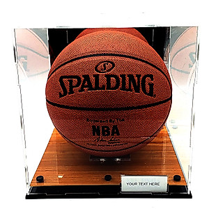 Full Size Basketball Square Shape Soccer Ball Acrylic Display Case Wood Box UV Protection 10x10x9 (Wood Platform)