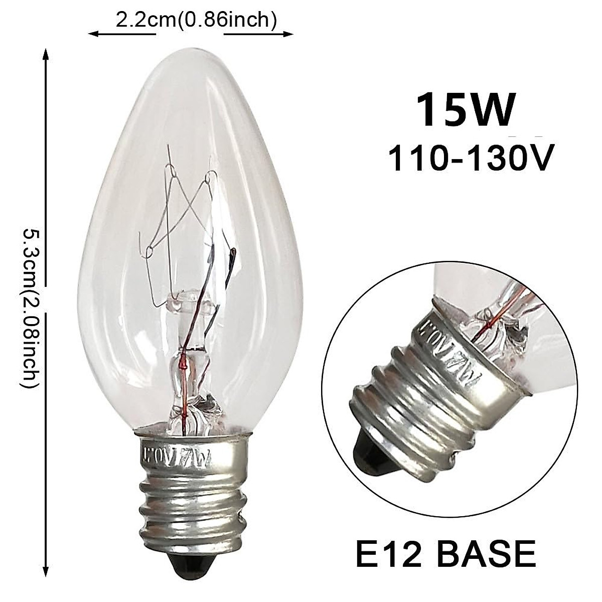 MMBGJKG Incandescent C7 E12 Base Bulbs,15 Watt Replacement Bulbs for Himalayan Salt Lamps & Baskets, Chandeliers, Scentsy & Wax Warmers, Night Lights,120V, Dimmable (10)