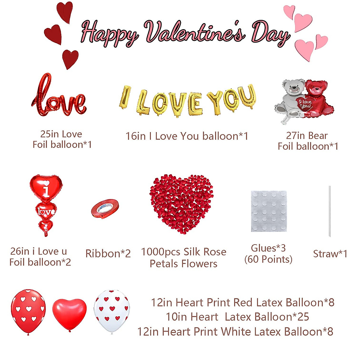 Valentines Day Balloons Decorations I Love You Balloons and Heart Balloons Kit with 1000Pcs Red Silk Rose Petals Flower Decoration Love-Bear Heart Print Balloons Banner for Valentine Party Decorations