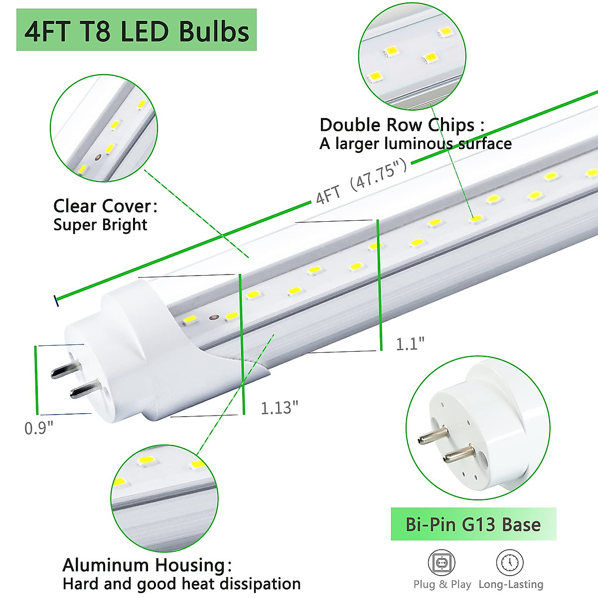 Nimgoti T8 LED Bulbs 4 Foot, 12-Pack 4FT LED Tube Light, 24W 3200LM, 5000K Daylight White, T8 Fluorescent Tube Replacement, Dual-Row Chips, Super Bright, Ballast Bypass, Dual-End Powered, Type B