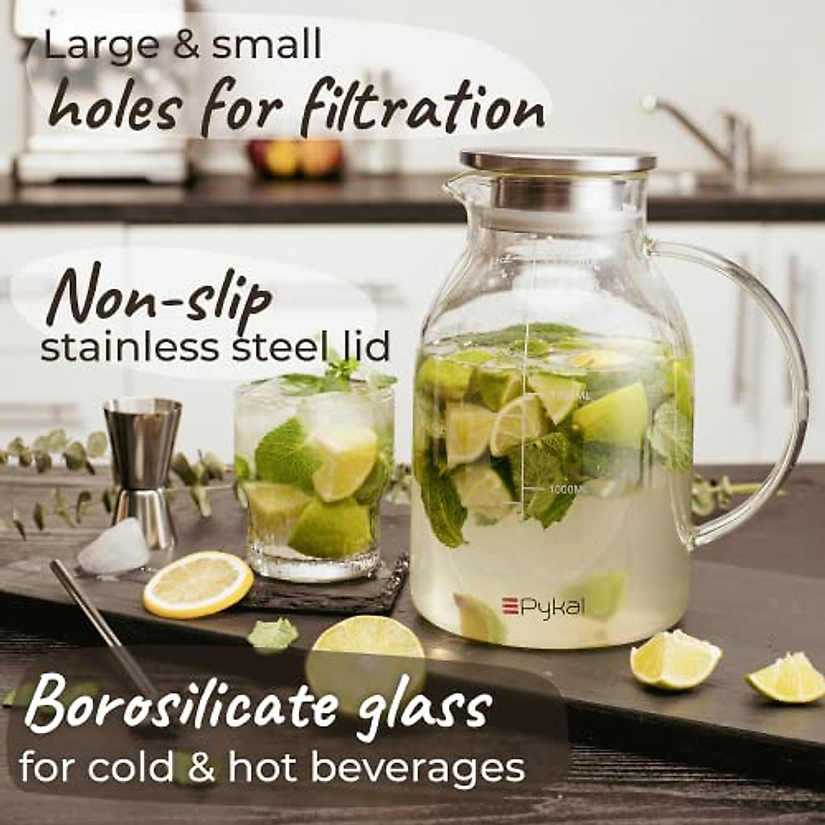 Pykal Glass Water Pitcher with Lid - 68 Oz - Heat Resistant Iced Tea or Coffee Jug with Handle and Lid - Borosilicate Pitchers for Hot or Cold Liquids - w/Free Brush