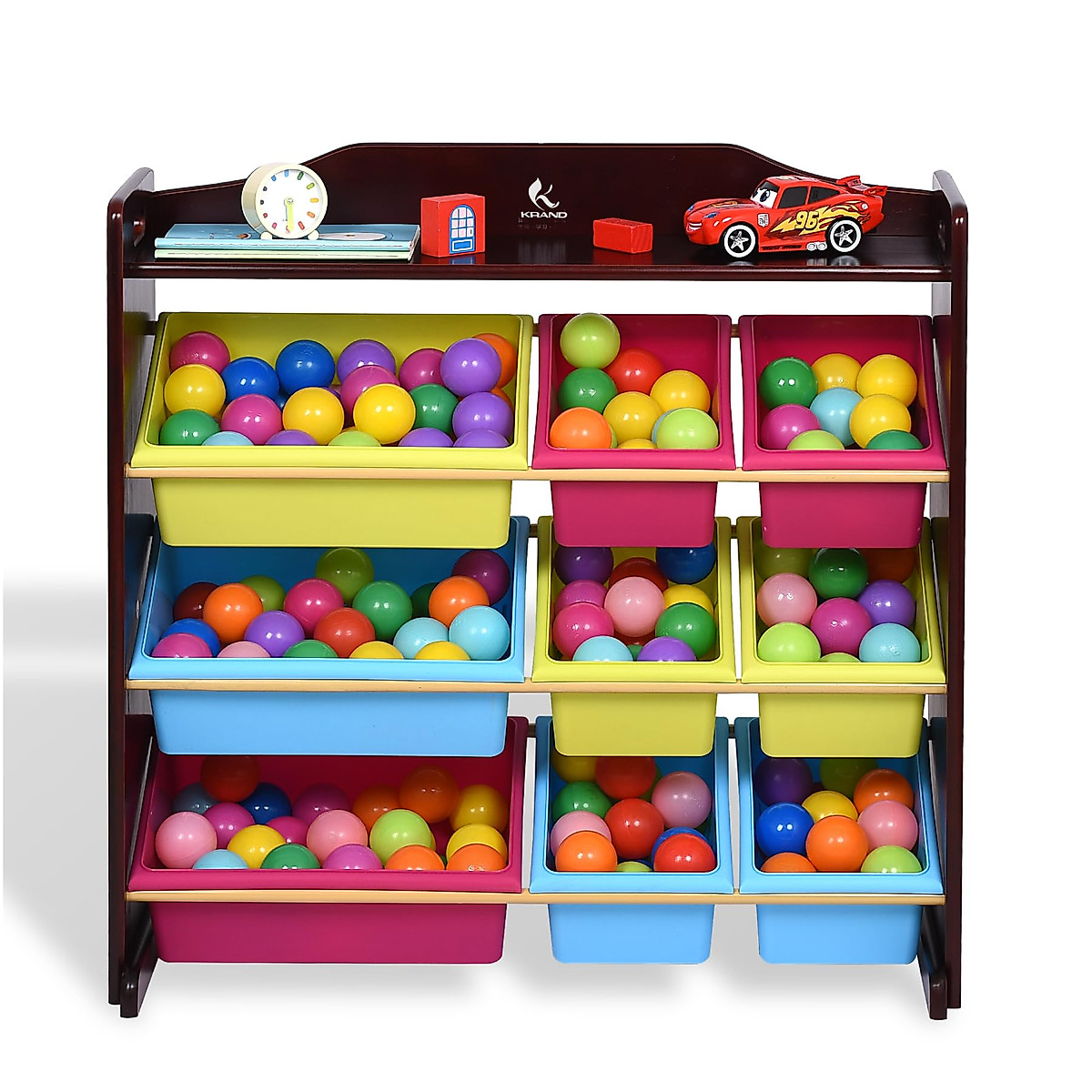 KRAND Toy Storage Organizer for Kids 100% Pine Solid Wood Kids Toy Organizer with Thick Anti-Break Storage Bins (Espresso)