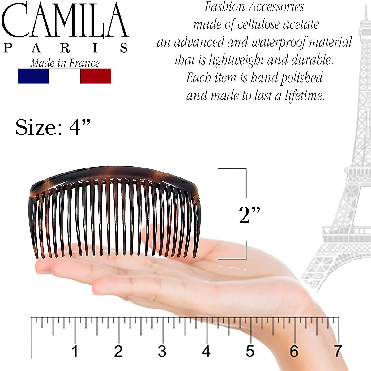 Camila Paris AD66/2 French Side Comb Large Curved Tortoiseshell Hair Combs for Women Fine Hair, 4 Inch Strong Hold Hair Comb for Women Bun Chignon Up-Do Styling Girls Hair Accessories, Made in France
