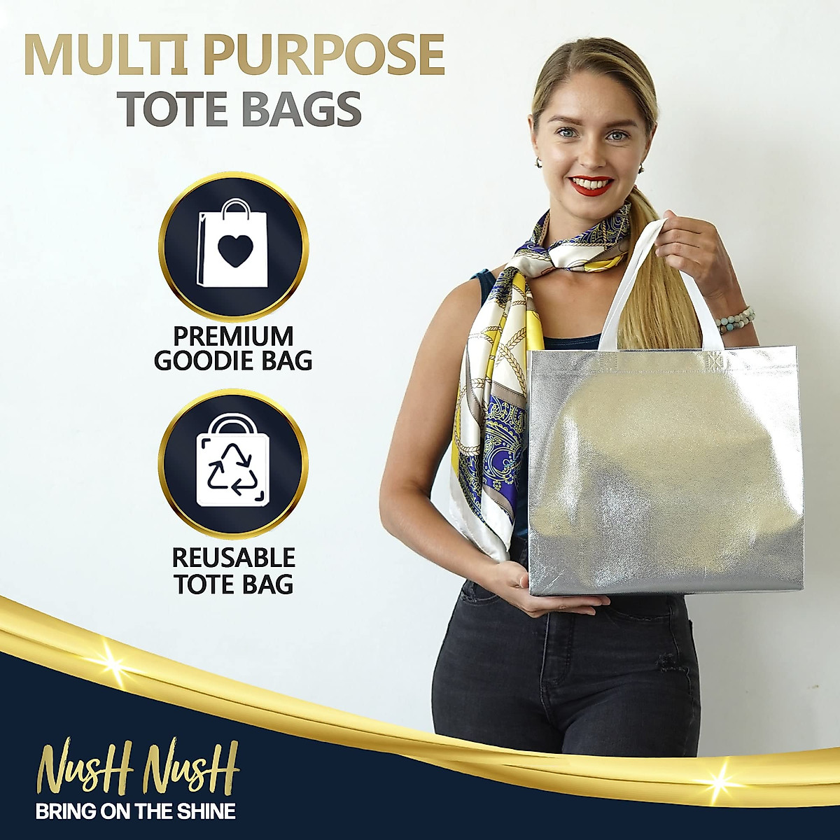 Nush Nush 15 Gift Bags Luxury Mix Color Set - 5 Rose Gold, 5 Silver, 5 Gold Reusable Gift Bags With White Handles - Ideal As Christmas Gift Bags, Goodie Bags, Birthday Gift Bags - 13Wx5Dx11H Size