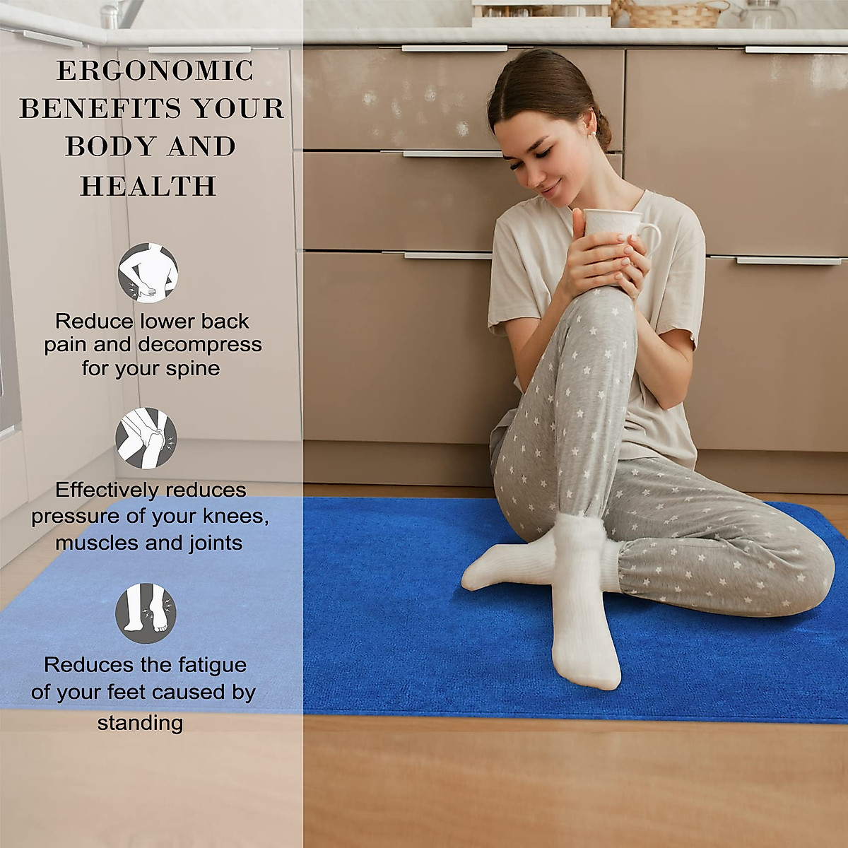 RYANZA 2 Pieces Kitchen Rugs, Abstract Anti Fatigue Non Slip Foam Cushioned Royal Blue Art Graffiti Modern Comfort Indoor Floor Mat Runner Rug Set for Laundry Office Sink Bathroom (17"x48"+17"x24")