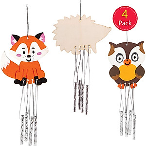 Baker Ross AW877 Woodland Critter Wooden Windchimes - Pack of 4, Musical Chime Kits for Kids Arts and Crafts Projects, Great Indoor or Outdoor or as a Gift for Creative Children