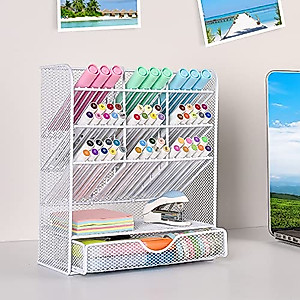 Spacrea Pen Holder Desk Organizer - Desk Organizers and Accessories, Pencil Holder with 10 Compartments and 1 Drawer（White）
