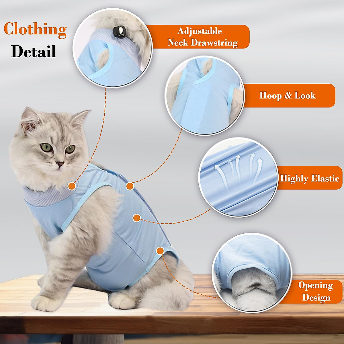 Kodervo Cat Surgical Recovery Suit Professional for Male Female Cats Abdominal Wounds Cone E-Collar Alternative, Anti-Licking or Skin Diseases Pet Surgical Recovery Suit, Soft Fabric Onesies for Cats