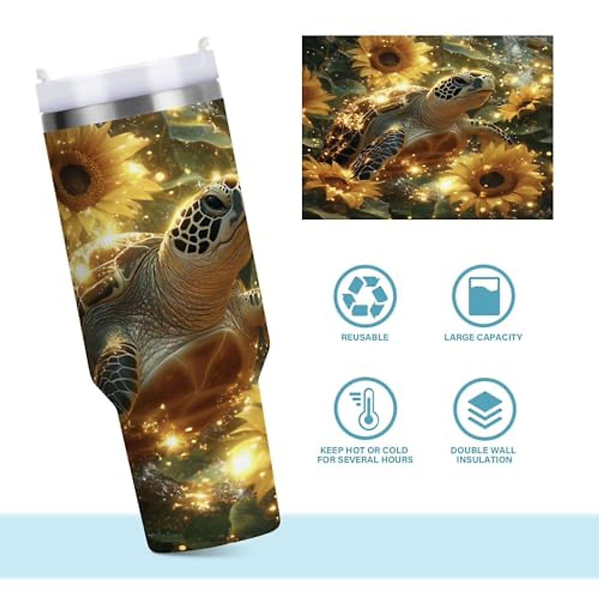 Slewiaeky Tumbler with Handle 40 oz Skinny Turtle Ocean Travel Mug with Lid and Straw Sunflower Stainless Steel Vacuum Insulated Water Bottle Cup for Iced Tea Coffee Cold Beverages Cup Holder Friendl