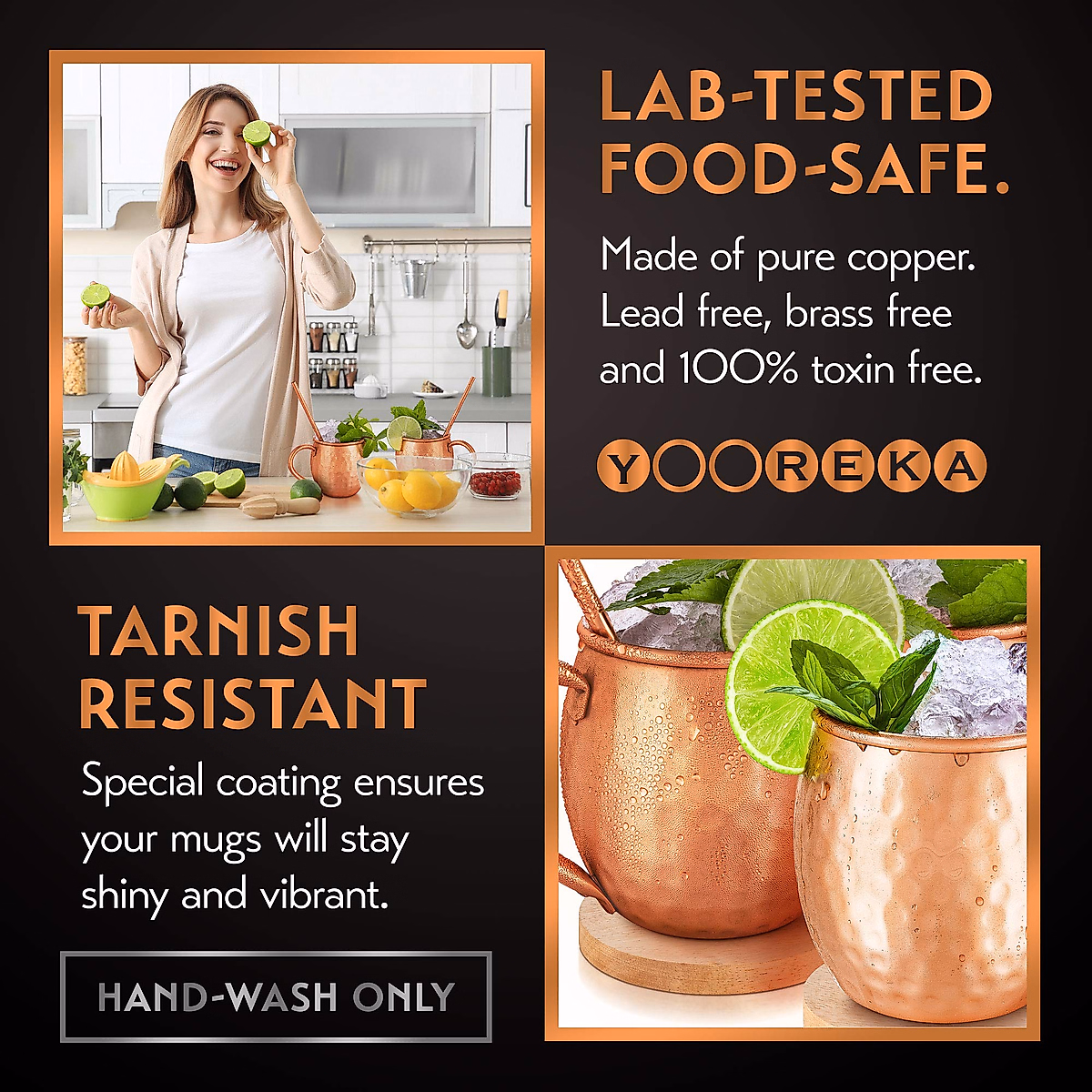 Yooreka Gift Set Moscow Mule Mugs Set Of 4 16 oz Solid Cooper, 100% Pure Copper Cups Cylindrical Shape HANDCRAFTED,BONUS 4 Straws, 4 Wood Coasters, Stirring Spoon, Cleaning brush (Oval)