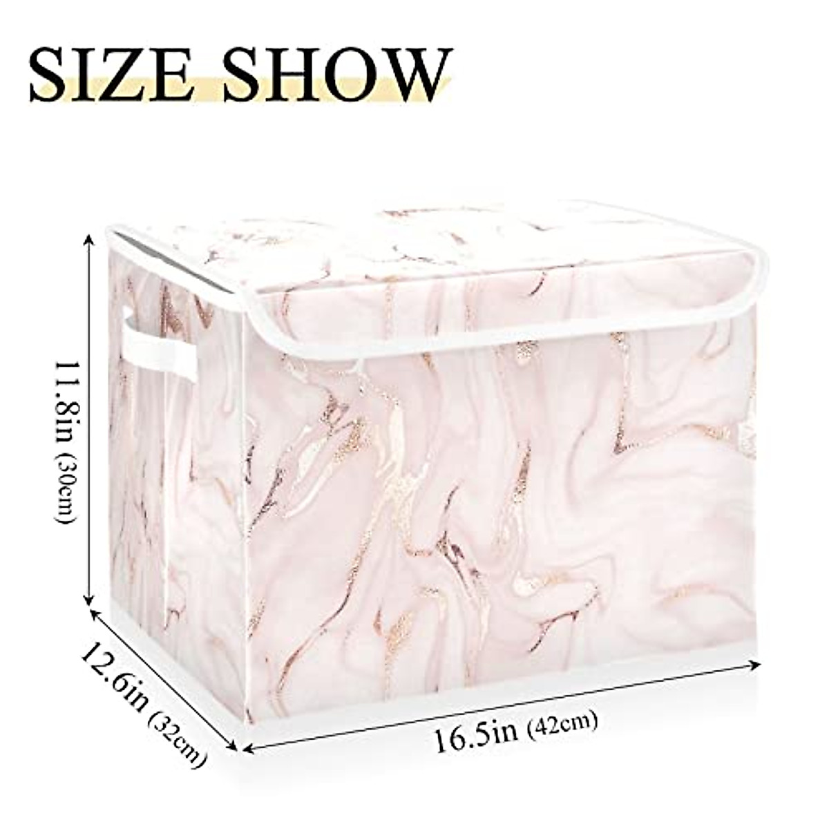 Kigai Storage Basket Rose Gold Abstract Marble Storage Boxes with Lids and Handle, Large Storage Cube Bin Collapsible for Shelves Closet Bedroom Living Room, 16.5x12.6x11.8 In