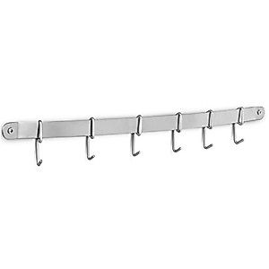 Internet's Best Kitchen Wall Mounted Rail Rack with Hanging Hooks - 6 Sliding Hooks - Kitchen Utensil Lid Spatula Measuring Cup Storage Rack Organizer - Stainless Steel Kitchen Towel Rack