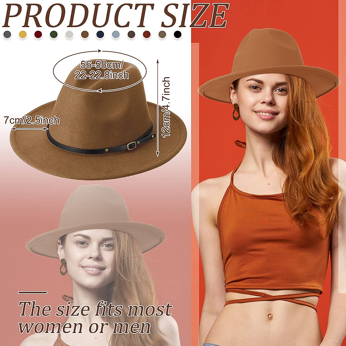 Lasnten 12 Pieces Women Wide Brim Hat Belt Buckle Floppy Panama Hat Wool Vintage Hats Bulk Felt Women Jazz Hat Retro Hat (Assorted Colors)