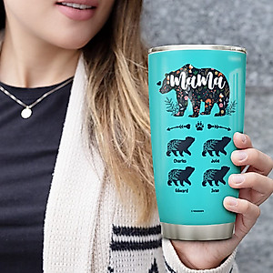 Wassmin Personalized Tumbler Mama Bear Stainless Steel Cup With Lid 20oz 30oz Double Walled Vacuum Insulated Tumblers Customize Cubs Mother's Birthday Christmas Gifts For Best Moms Mother (4 Kids)