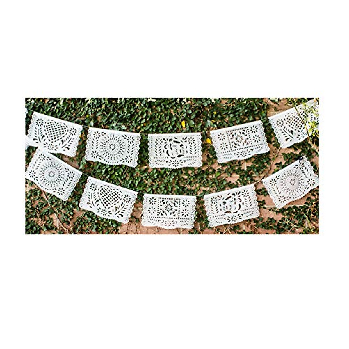 Papel Full of Wishes Medium Plastic White Papel Picado Banner - 12 Panels / 16 Feet Long Hanging - Ideal for Weddings, Baptisms, Birthdays, Posadas, Etc.