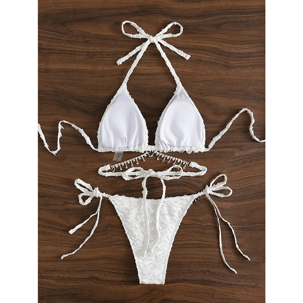 WDIRARA Women's Lettuce Trim Rhinestone Halter Triangle Bikini Set 2 Piece Swimsuit White S