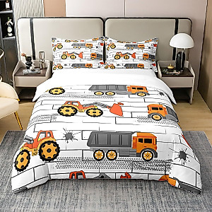 Excavators 100% Natural Cotton Duvet Cover Queen Size Tractor and Truck Comforter Cover with 2 Pillowcases Machinery Cars Construction Vehicle Bedding Set 3 Pcs Bed Cover