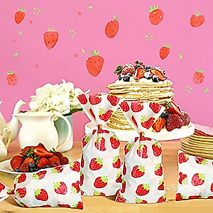 100 Pieces Strawberry Treat Bags Strawberry Cellophane Party Bags Strawberry Plastic Goody Candy Bags with 200 Red Twist Ties for Strawberry Themed Party Birthday Party Decoration Supplies