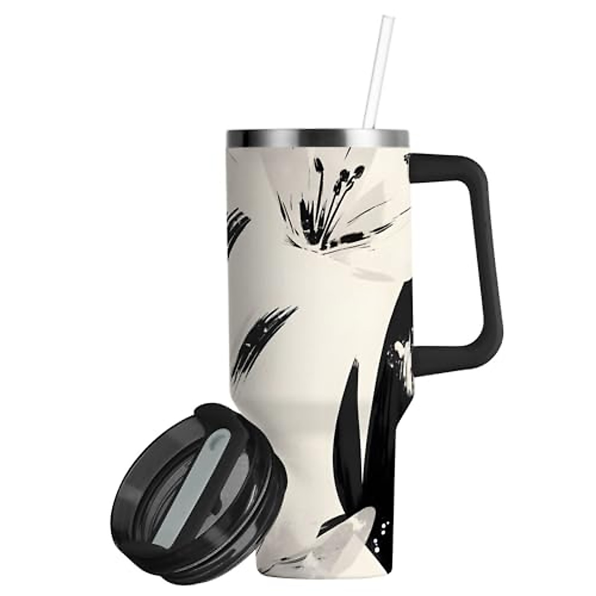 Bokkoy Ink Painting Lily 40 oz/30 oz Tumbler with Handle and Straw Stainless Steel Tumbler with Lid Reusable Vacuum Insulated Cup