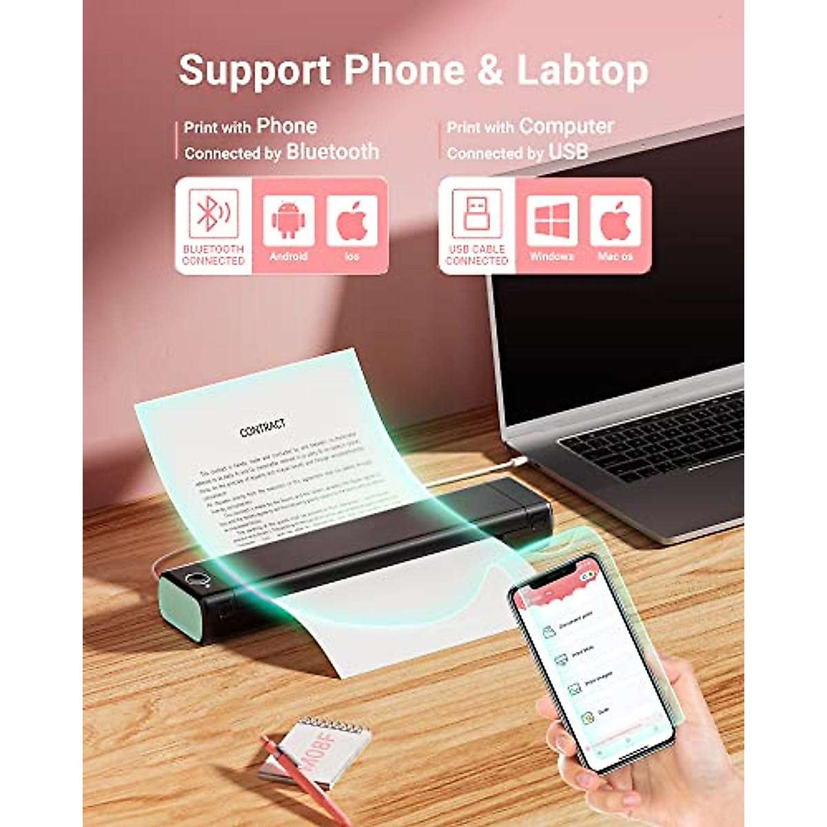 Portable Bluetooth Wireless Thermal Mobile-Printer - Compact Inkless Printer for Travel, Support Phone & Laptop, Small Printers for Home Use Vehicles Office School Tattoo Stencils(8.26"x 11.69")