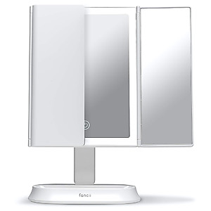 Fancii Makeup Mirror with Natural LED Lights, Lighted Trifold Vanity Mirror with 5X & 7X Magnifications - 40 Dimmable Lights, Touch Screen, Cosmetic Stand - Sora (White)