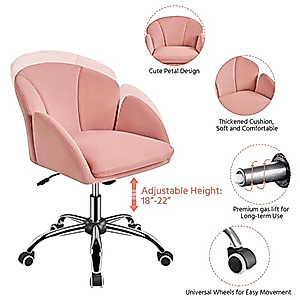Yaheetech Cute Velvet Desk Chair for Home Office, Makeup Vanity Chair with Armrests for Bedroom Modern Swivel Rolling Chair for Women Pink
