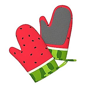 1 Pair Thickened Cartoon Watermelon Kitchen Silicone Oven Mitts, Summer Fruit Waterproof Polyester Pot Holder Gloves for Grilling Microwave
