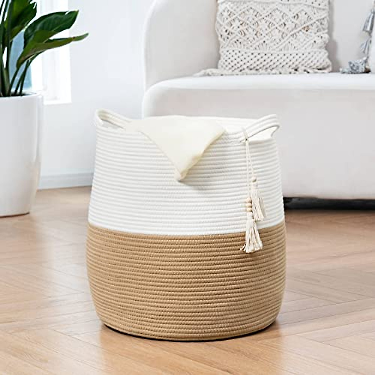 Goodpick Woven Rope Storage Basket for Organizing, Boho Decorative Laundry Basket for Living Room, Round Basket for Towels, Toys, Blankets, Baby Gift Basket, 17.71 x 14.9 inches