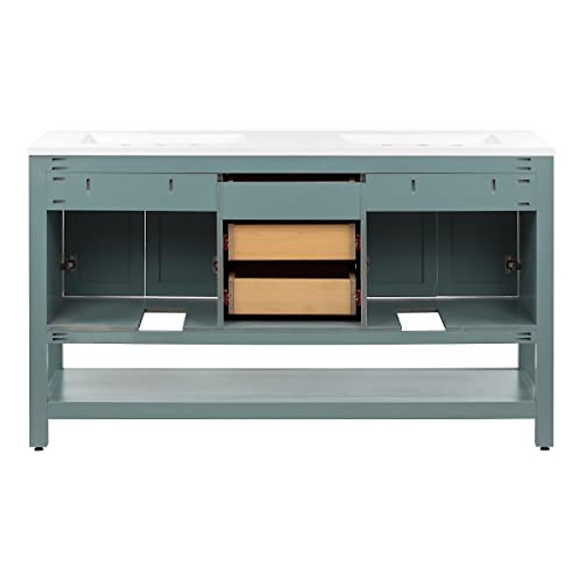 Spring Mill Cabinets Eaton Double Bathroom Vanity with 2 Cabinets, 3 Drawers, Open Shelf, Sink, 60.25" W x 18.75" D x 35.41" H, Sage/White Top
