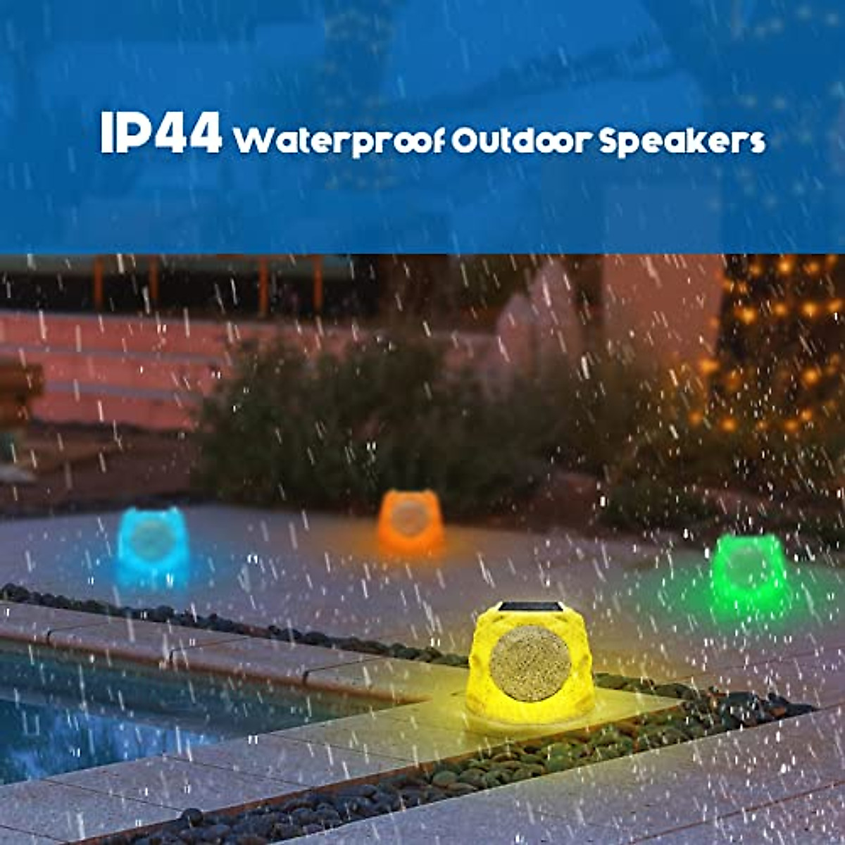 Outdoor Rock Speaker Solar-Powered Wireless Bluetooth 5.0 Speaker Waterproof with RGB Color Multi-Unit Connect Outdoor Speakers for Patio Pool Deck Yard Garden and Home - Pair