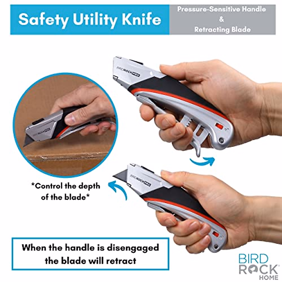 BIRDROCK HOME 1pk Professional Safety Utility Knife - Retractable - Heavy Duty Box Cutter - Safe Blade Lock - Extra Blades - Ergonomic Grip