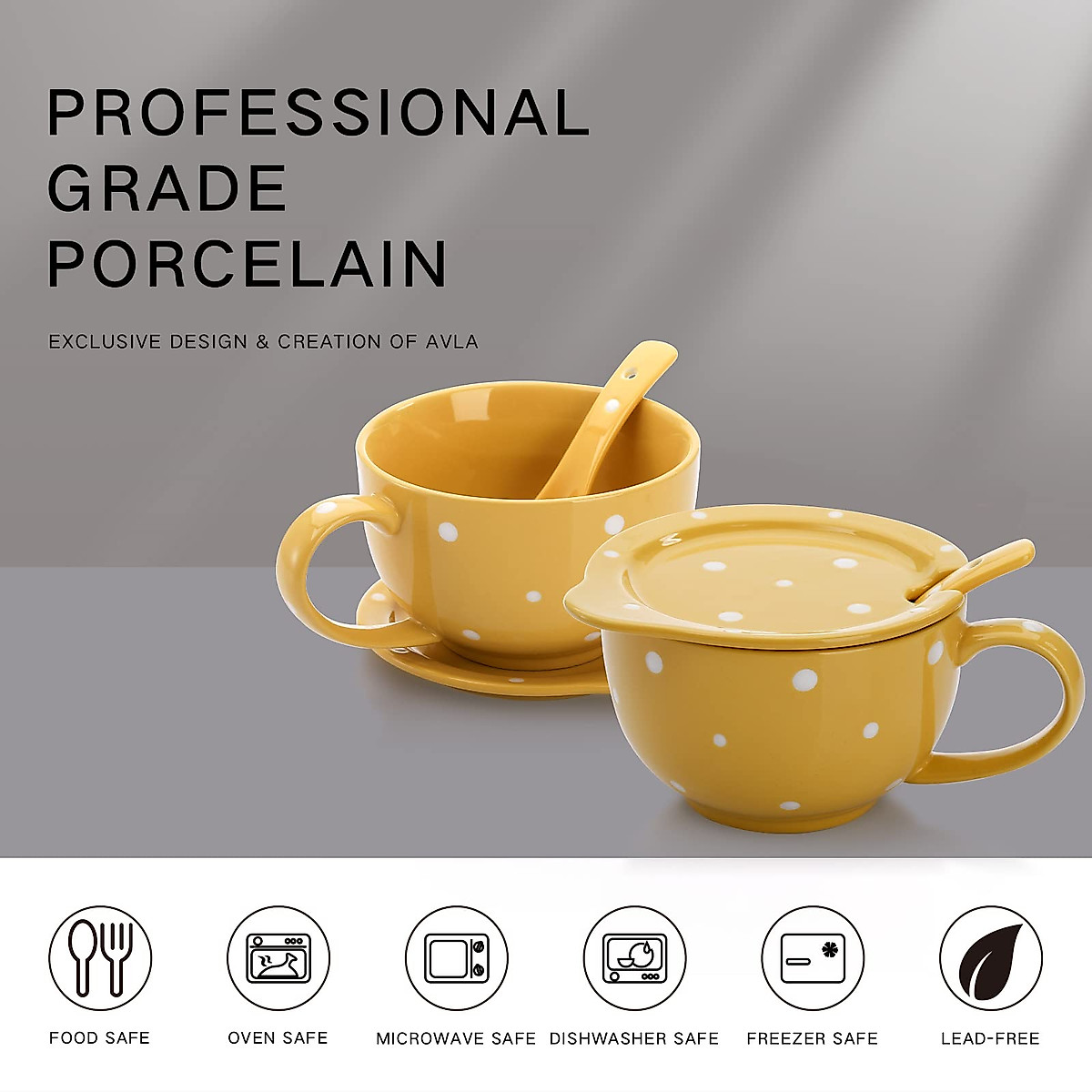 Youeon Set of 2 Jumbo Coffee and Soup Mug Set, 16 Oz Porcelain Oatmeal Mug with Lid and Spoon, Large Cereal Mugs, Multi Purpose Wide Mug for Breakfast, Cereal, Milk, Coffee, Hot Cocoa, Fruit