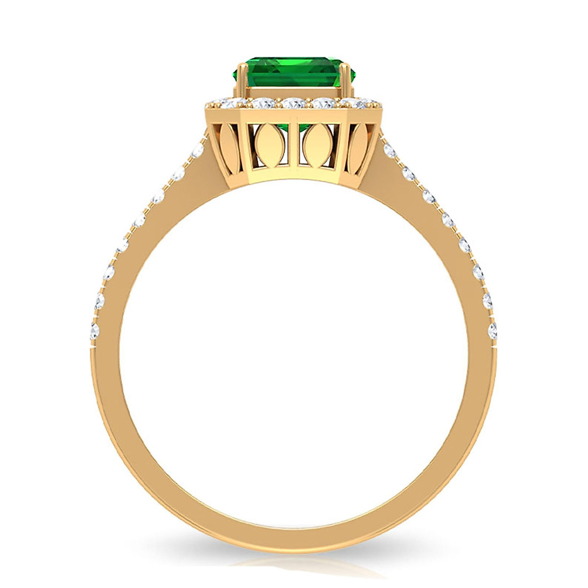 Rosec Jewels Lab Grown Emerald Diamond Halo Engagement Ring, AAAA Quality, Certified Emerald 6X8 MM Emerald Cut Engagement Ring, 14K Yellow Gold, Size:US 7.00