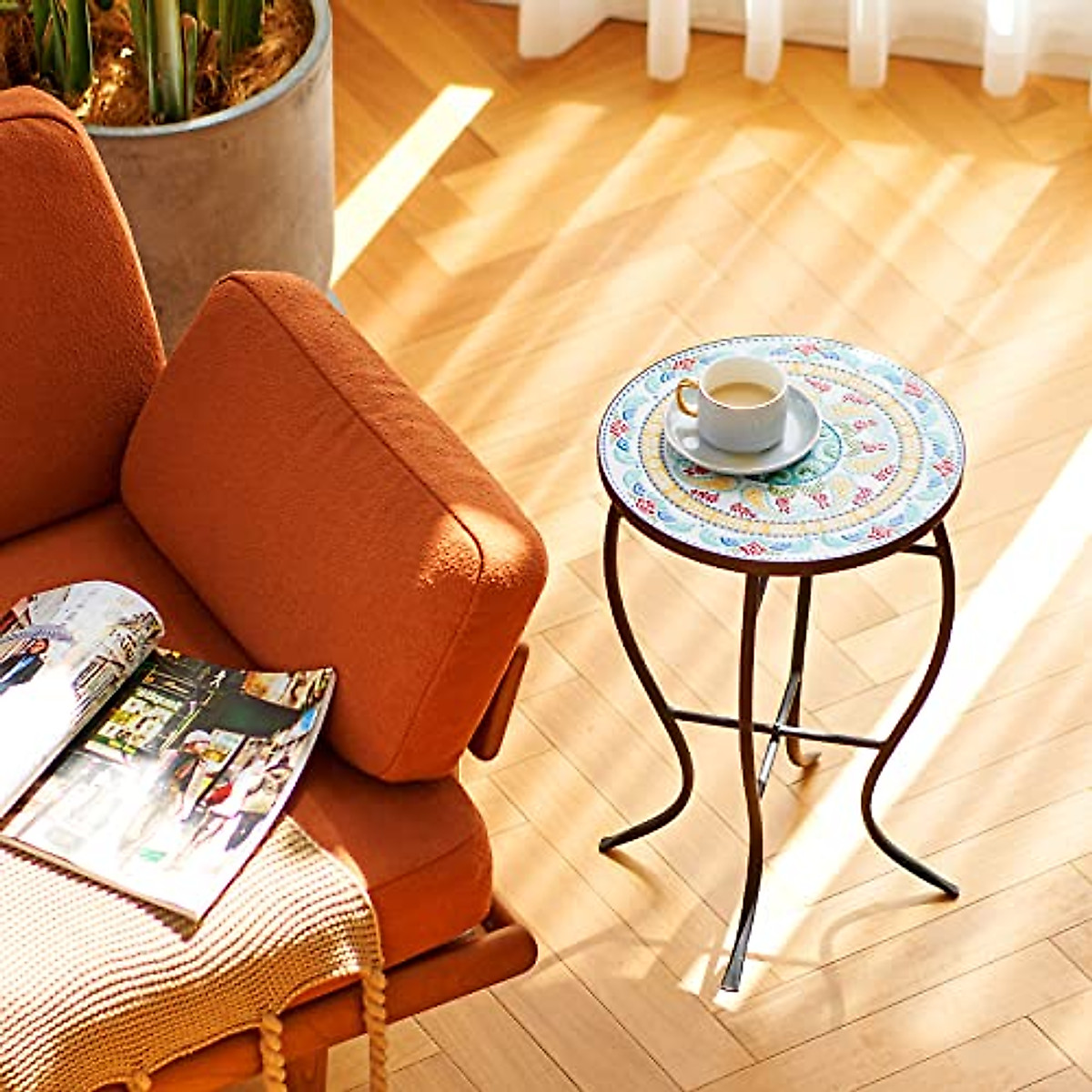 VONLUCE 21" Mosaic Plant Stand, 14 Inch Round Side Table with Ceramic Tile Top, Indoor and Outdoor Accent Table, Outdoor Patio Furniture, End Table for Garden Patio Living Room More, Floral