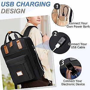 Kasqo Backpack for Women Men, 15.6" Large Capacity Water Resistant Laptop Bookbag Fashion School Bag with USB Charging Port for College Travel Work, Black