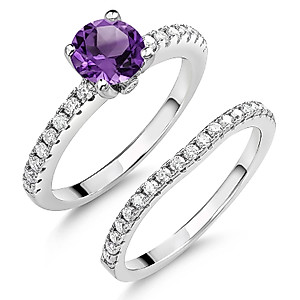 Gem Stone King 925 Sterling Silver Purple Amethyst and White Moissanite Wedding Engagement Band Bridal Set Ring For Women (1.49 Cttw, Gemstone February Birthstone, Available In Size 5, 6, 7, 8, 9)