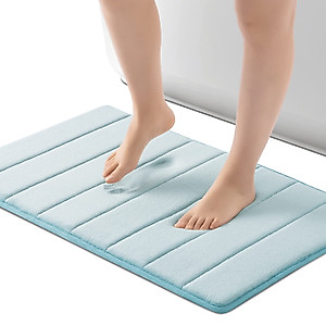 ROSMARUS Memory Foam Bath Mat 20” x 32”, Water Absorbent Shower Mat, Thick Bath Rugs for Bathroom Non Slip with PVC Backing, Ultra Soft Bathroom Rugs for Bathroom Floor & Tub, Aqua Blue