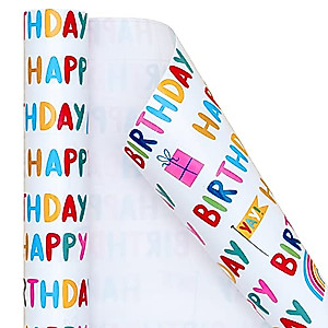 WRAPAHOLIC Birthday Wrapping Paper Roll - Happy Birthday Lettering and Gift Box Design for Birthday, Holiday, Party, Baby Shower - 30 Inch x 33 Feet