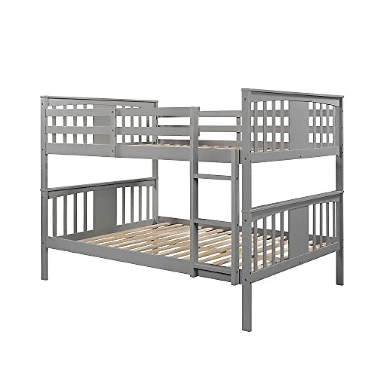 Dividable Full Over Full Bunk Bed with Ladder for Kids, Teens, Adults, No Box Spring Required Solid Wooden Bedframe w/Full-Length Guardrail, Bedroom, Guest Room Furniture, Gray