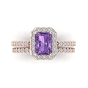 Clara Pucci 2.20ct Emerald Cut Halo Solitaire Accent Created Alexandrite Engagement Anniversary Bridal Ring Band set 18K Rose Gold 7.75