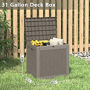 Esmlada Deck Box, 31 Gallon Resin Deck Box Indoor and Outdoor Storage Waterproof Boxes Lockable Lid for Garden Tools, Pool Supplies, Patio Furniture and Cushions, Grey
