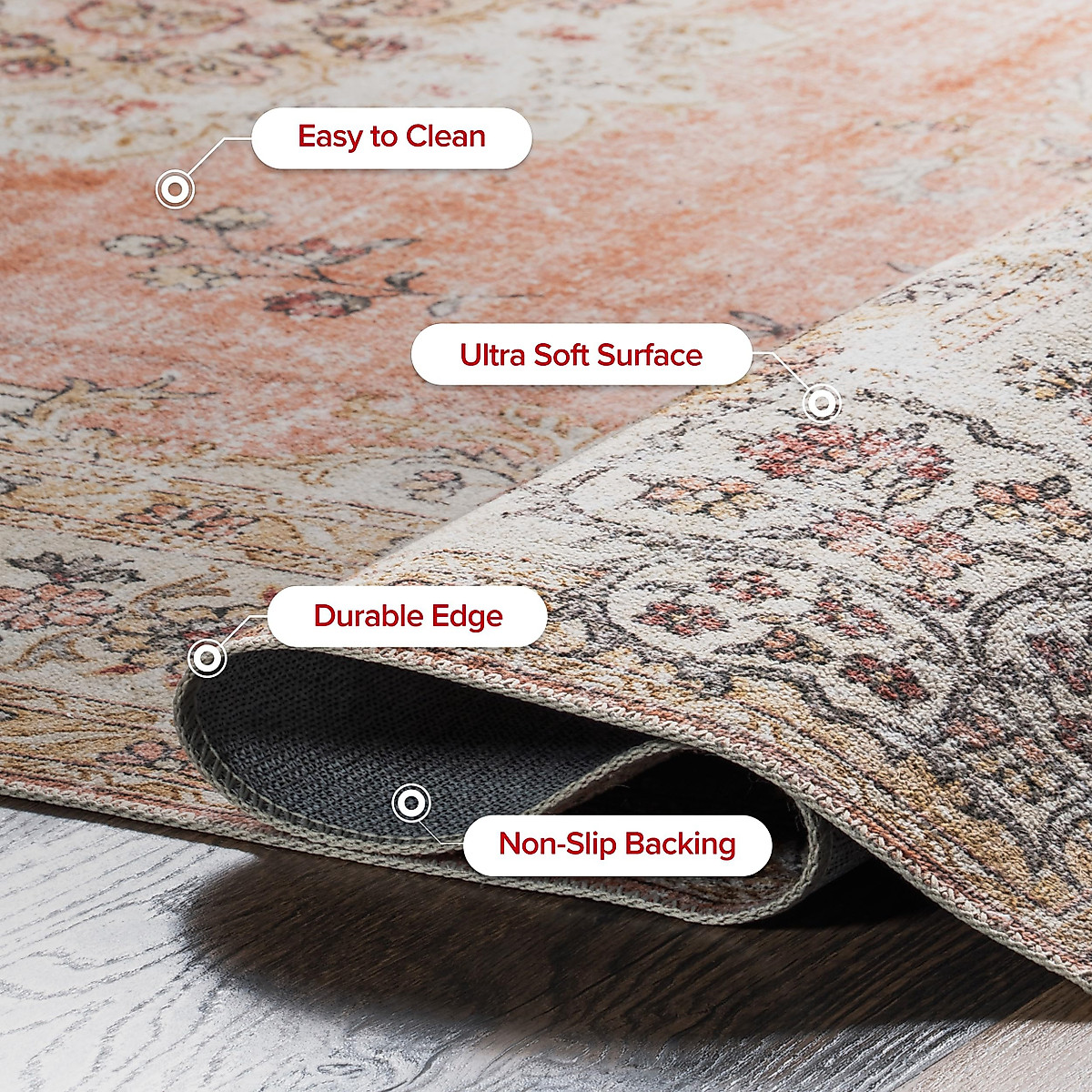 nuLOOM Ren Vintage Floral Machine Washable Ultra Thin Area Rug, 4x6, Peach