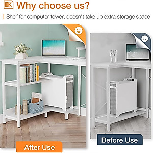 ODK 47 Inch Small L Shaped Computer Desk with Reversible Storage Shelves, L-shaped Corner Desk with Monitor Stand for Small Space, Modern Simple Writing Table for Home Office Workstation, White