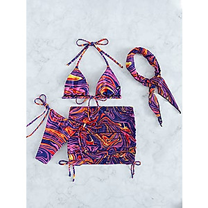 SOLY HUX Women's 4 Piece Swimsuits Triangle Bikini Bathing Suits with Mesh Beach Skirt & Bandana Bikini Sets