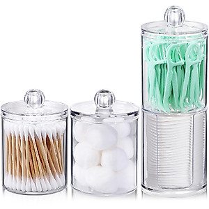 AOZITA 4 Pcs, 10 OZ Qtip Holder Dispenser for Cotton Ball, Cotton Swab, Cotton Round Pads, Floss - Clear Plastic Apothecary Jar Set for Bathroom Canister Storage Organization, Vanity Makeup Organizer