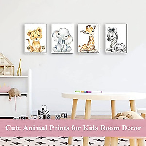 Kiddale Baby Watercolor Animals Wall Art Prints Set of 4 (8x10),Tiger Elephant Zebra Giraffe Safari Animals Pictures Nursery Decor Art,Stretched and Framed Ready to Hang