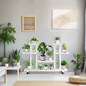 S AFSTAR Wooden Flower Rack with Wheels, 4-Tier Plant Stand, Multifunctional Bonsai Display Shelf for Living Room Balcony Patio Yard (White)
