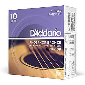 D'Addario Guitar Strings - Phosphor Bronze Acoustic Guitar Strings - EJ26-10P - Rich, Full Tonal Spectrum - For 6 String Guitars - 11-52 Custom Light, 10-Pack